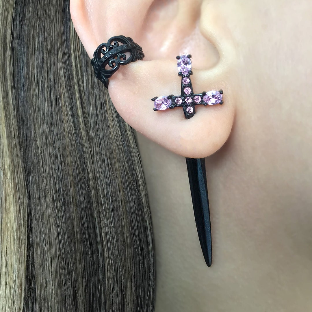 Sword Earrings,pink CZ Sword, Dagger Earrings, Front Back Earrings,pink ...