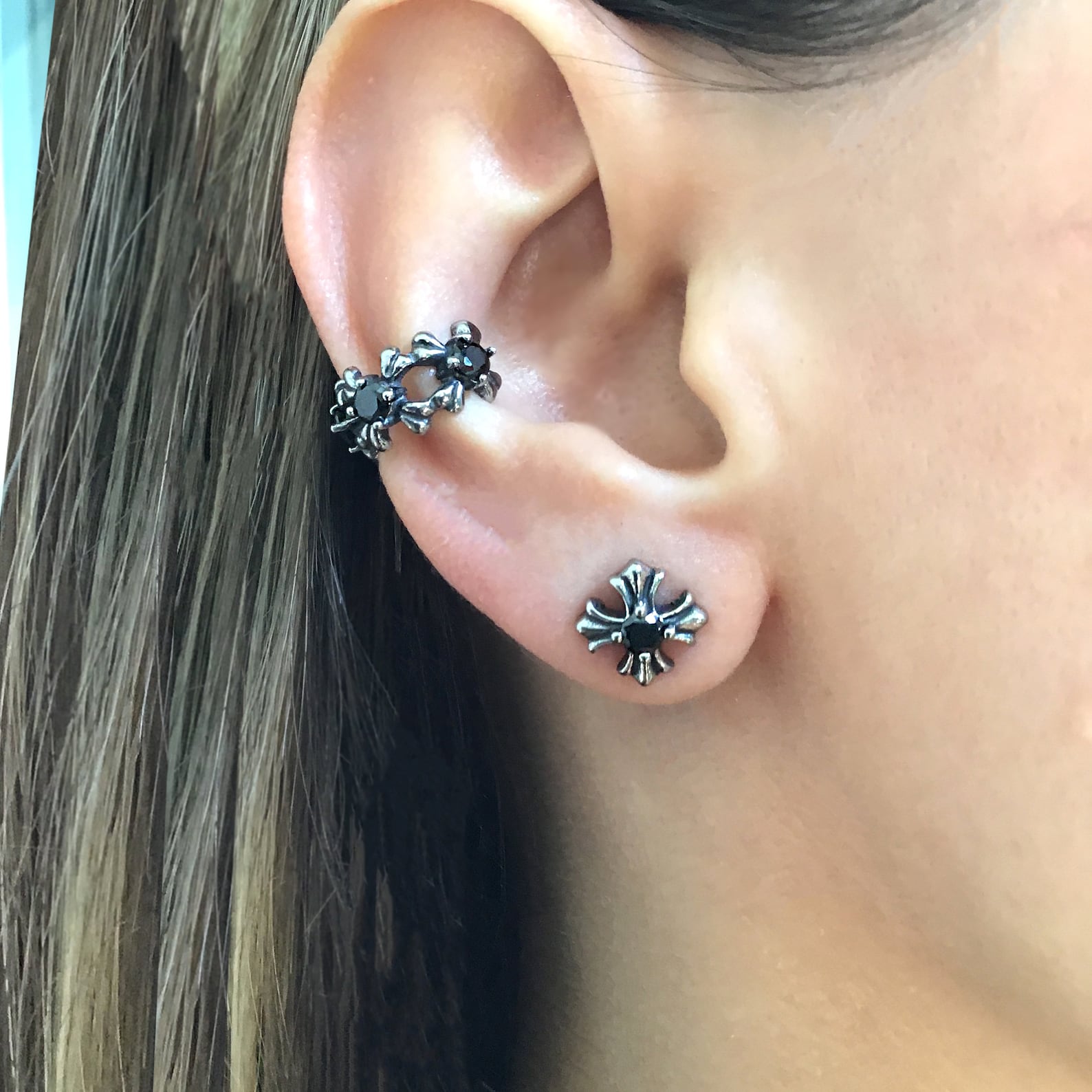 Floral Black Stone Ear Cuff, Stainless Steel Gothic Earring - Etsy