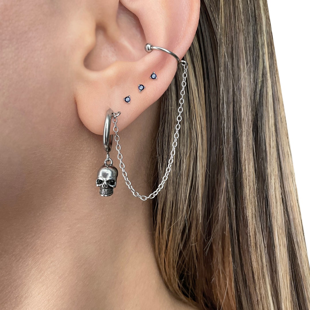 Gothic Skull Hoop Ear Cuff, Stainless Steel Chain Earring - Etsy