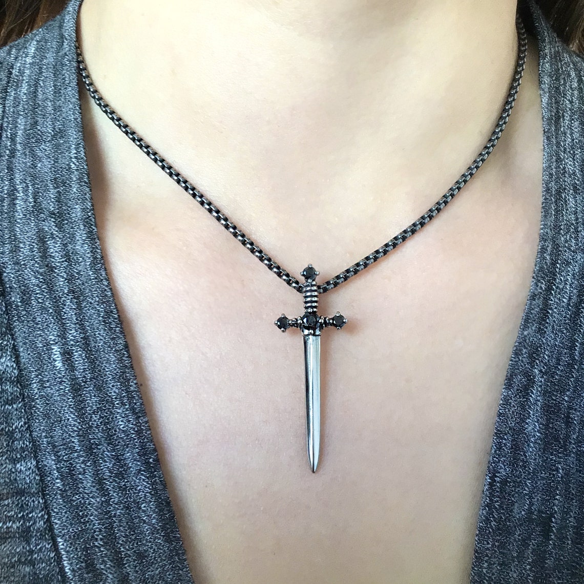 Sword Necklace With Black CZ, Unisex Jewelry,,stainless Steel Jewelry ...