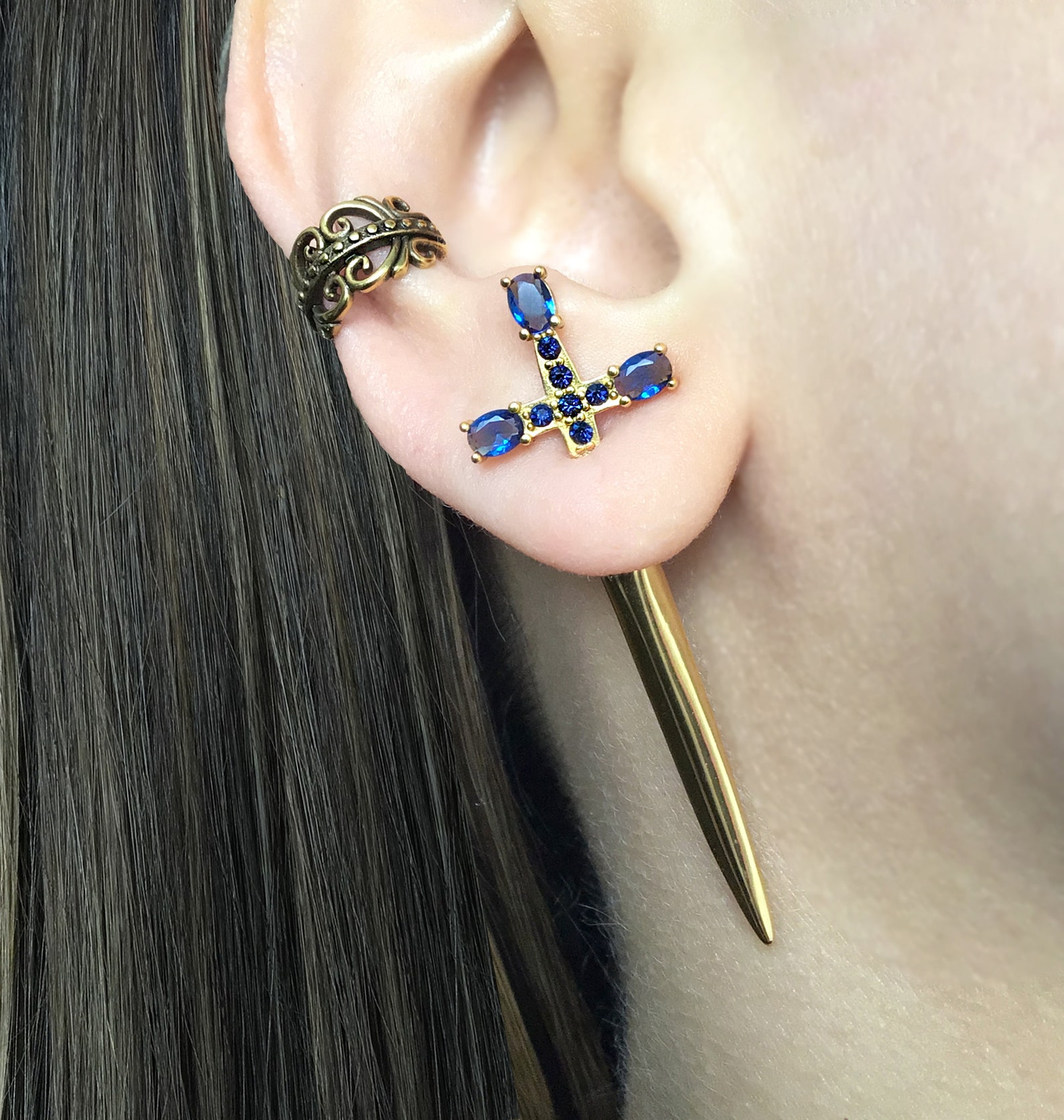 Sword Earrings Sapphire Sword Dagger Earrings Front Back - Etsy