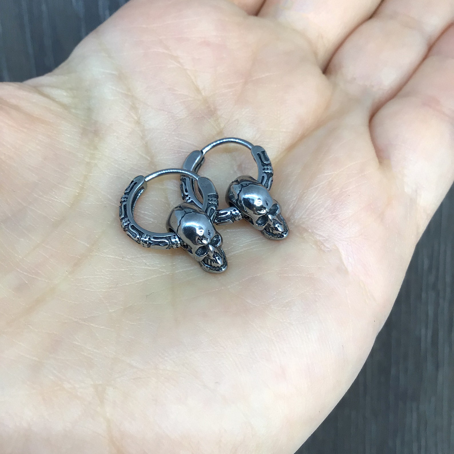 Oxidized Skull Hoop Earrings, Hoop Earrings, Huggie Earrings, Huggie ...