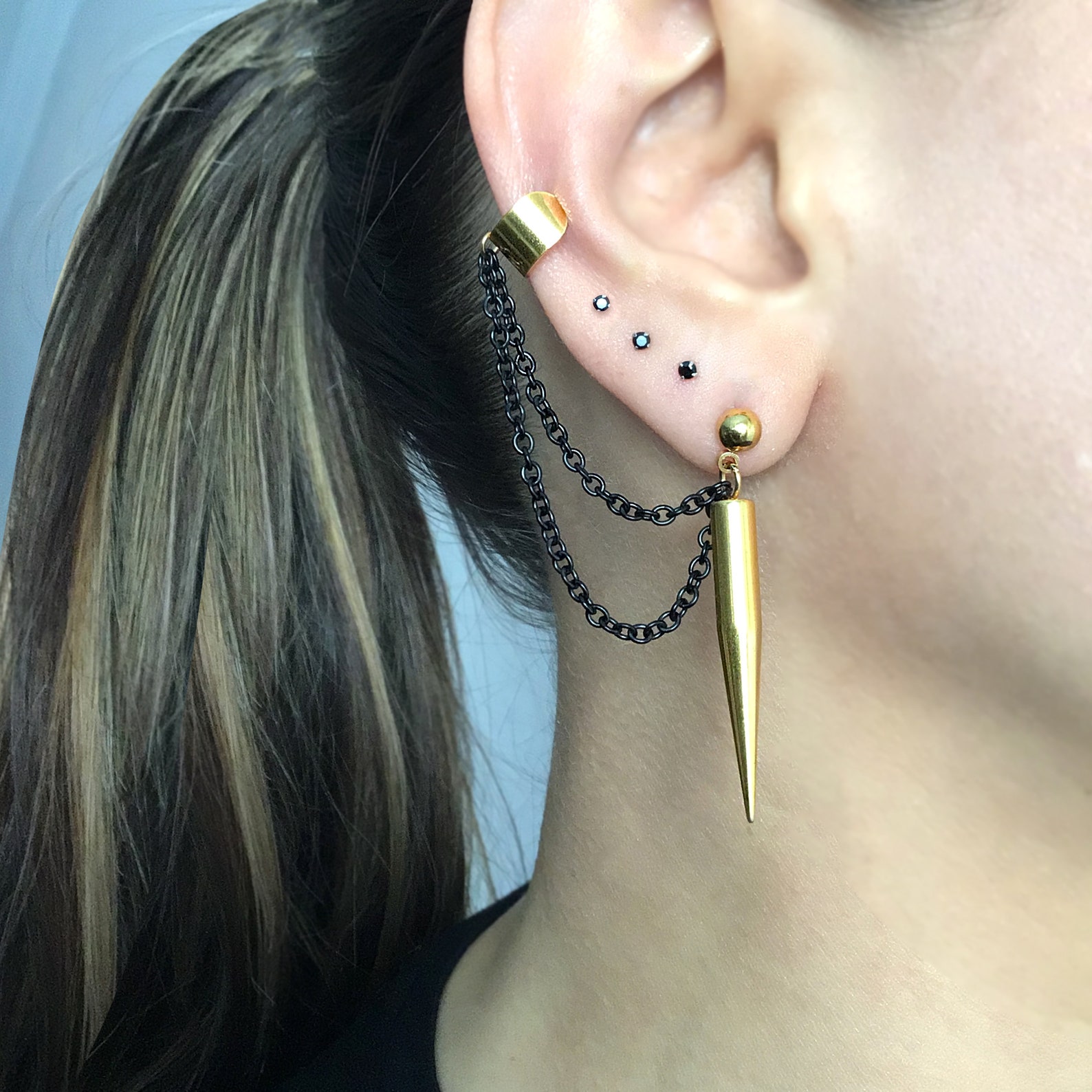 Ear Cuff With Spike Earring, Spike Earrings, Mismatched Earrings, Black ...