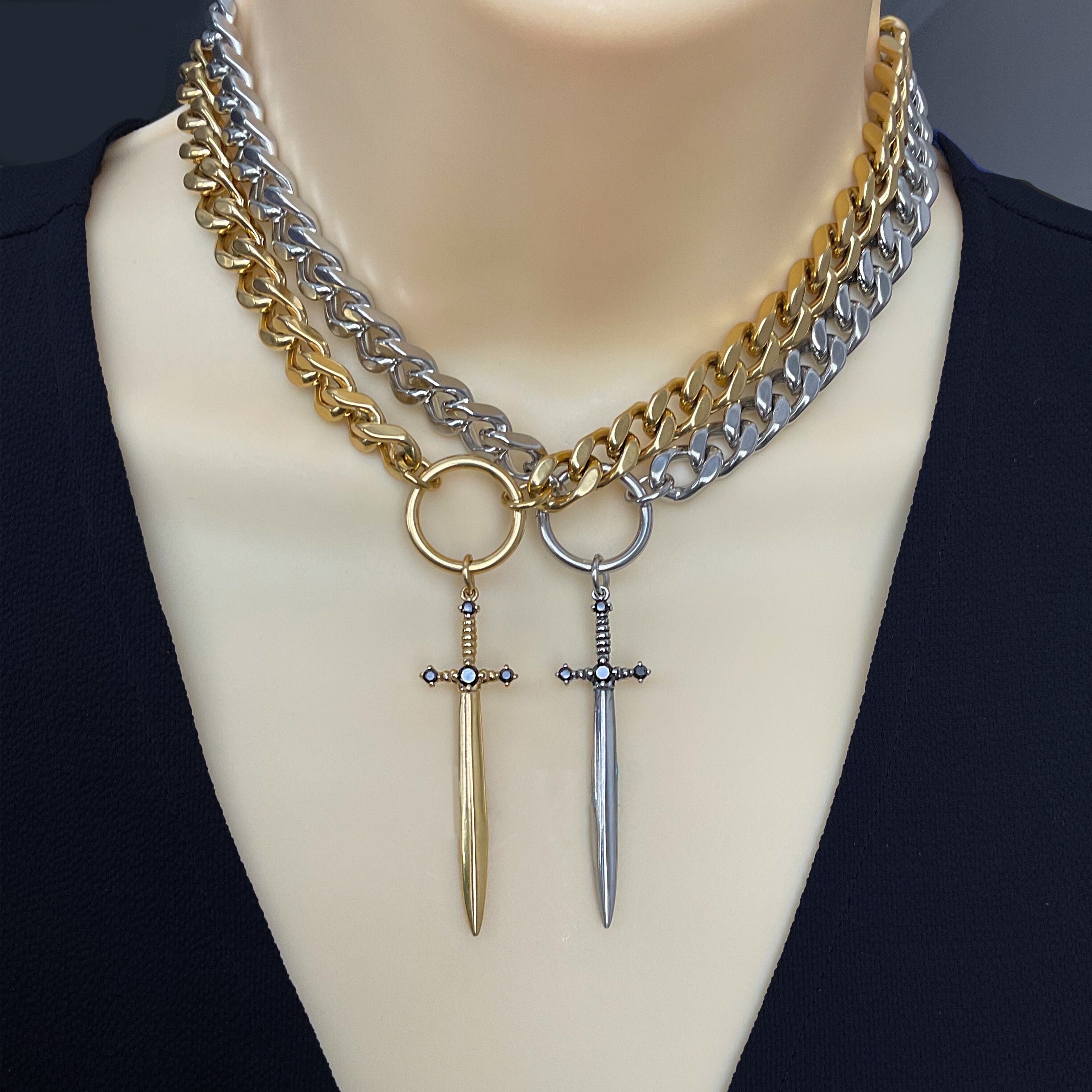 Sword Necklace, Dagger Pendant With Black Cubic Zirconia, Stainless ...