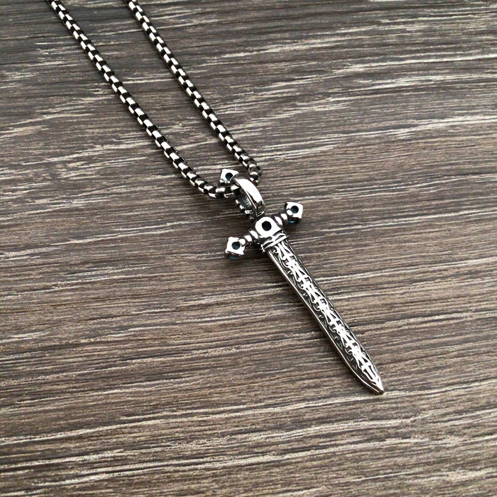 Sword Pendant With CZ Stones, Dagger Necklace, Ornate Blade, Unisex ...