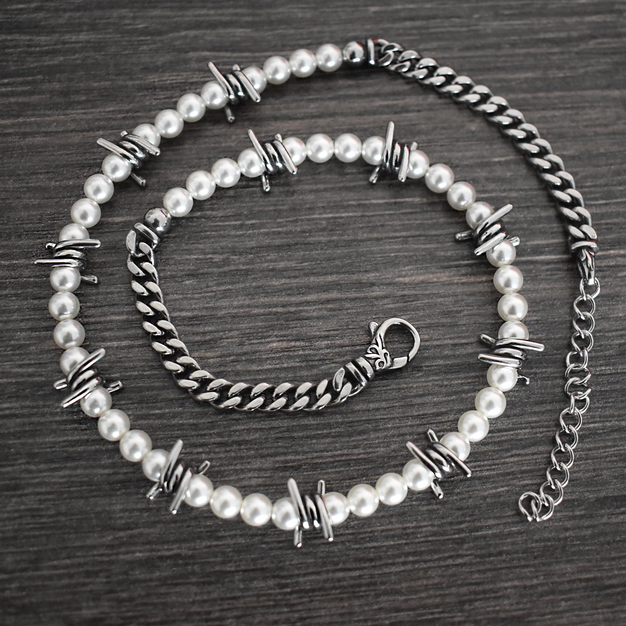 Barbed Wire and Pearls Necklace, Gothic Pearl Necklace, Barbed Wire ...