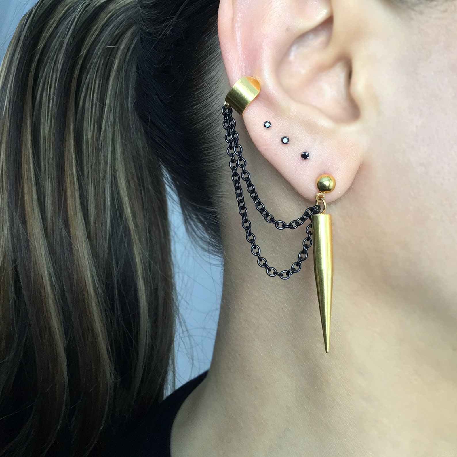 Spike Stud With Ear Cuff, Stainless Steel Dangle Earrings, Gothic Chain ...
