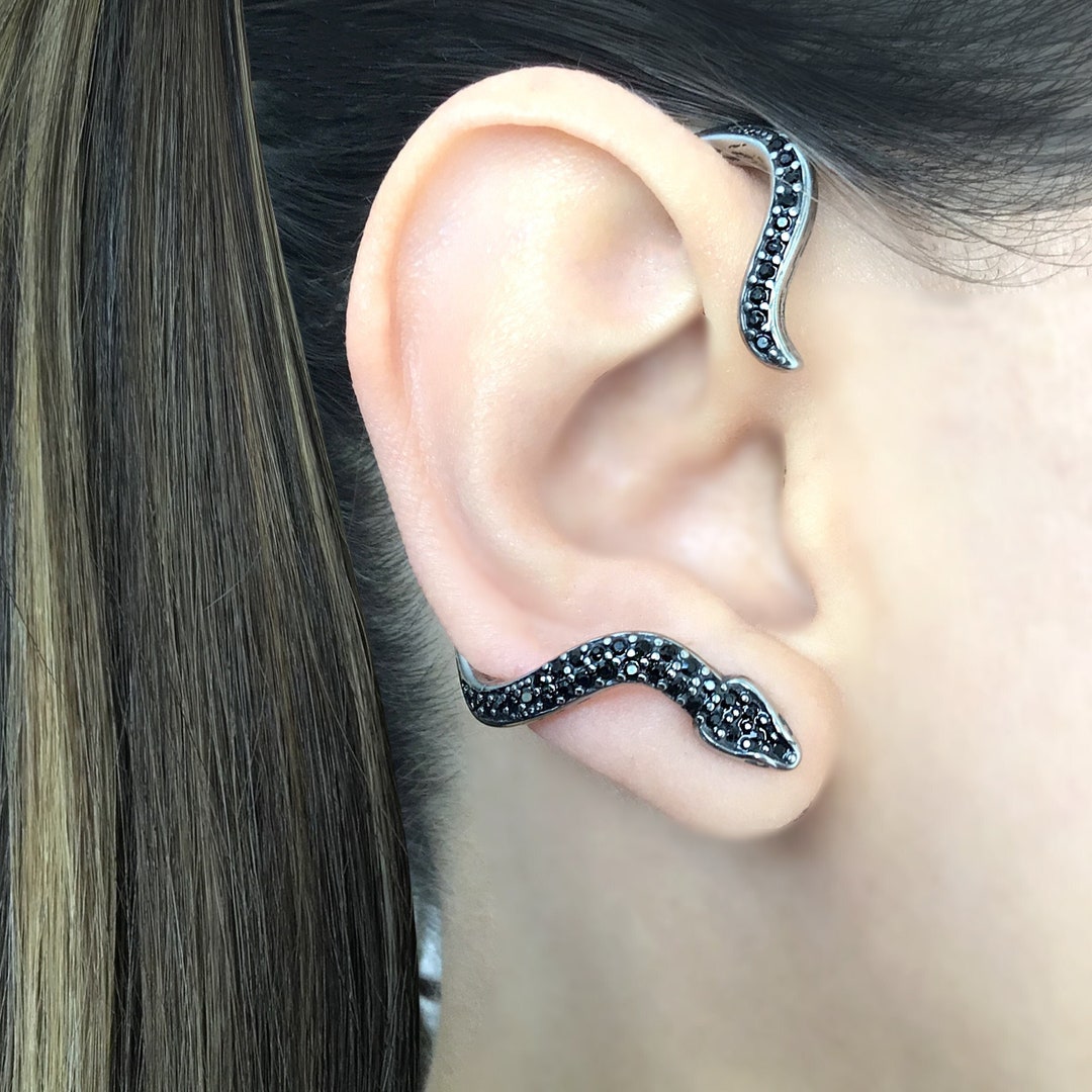 Black & Emerald CZ Snake Ear Cuff, Stainless Steel (single) - Etsy