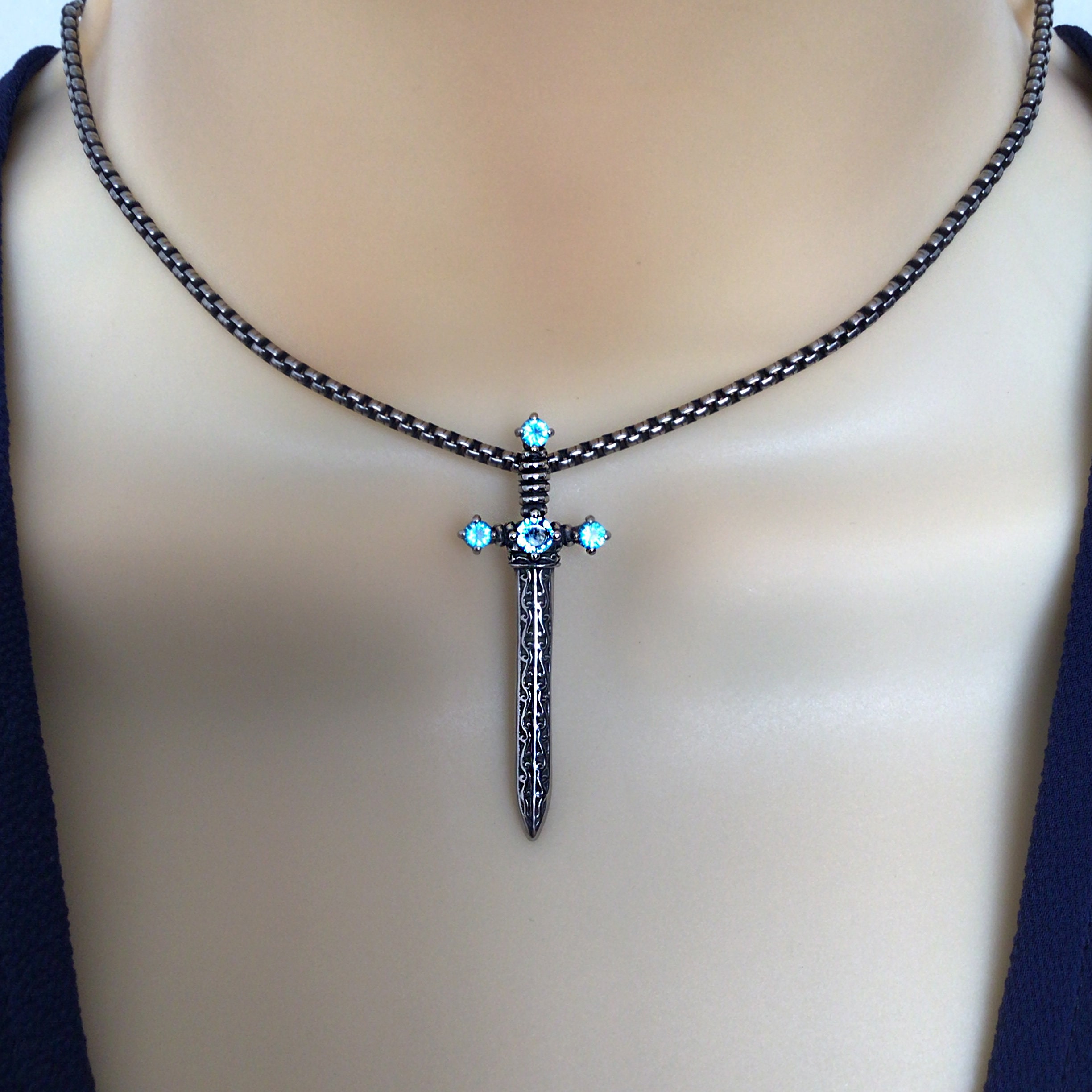 Sword Pendant With CZ Stones, Dagger Necklace, Ornate Blade, Unisex ...