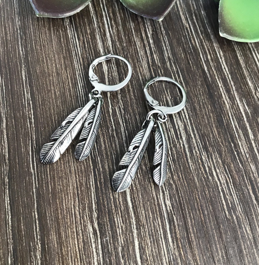 Feather Hoop Earrings, Gothic Style Jewelry, Unisex Hoops, Stainless ...
