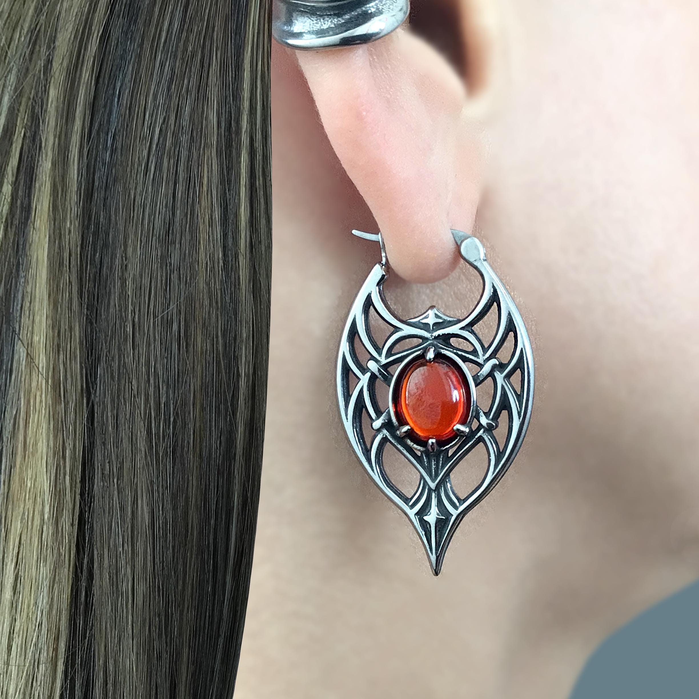 Gothic Ornate Hoop Earrings With Oval Gemstone, Goth Cathedral Inspired ...