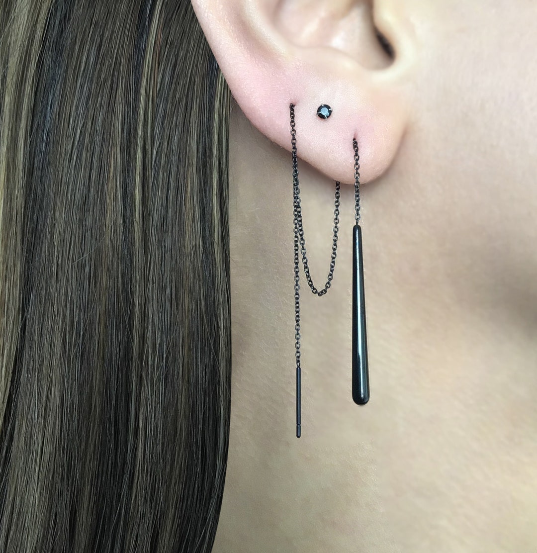 Threader Earrings, Chain Earrings, Black Threader Earrings, Long Chain ...