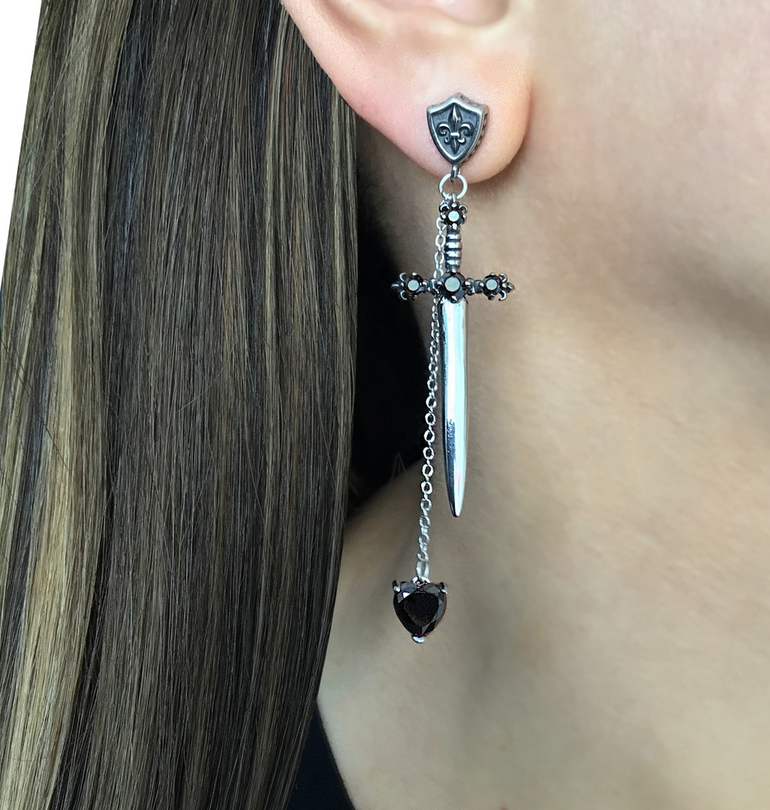 Sword, Shield and Heart Earring, Sword Earring, Gothic Earring, Sword ...