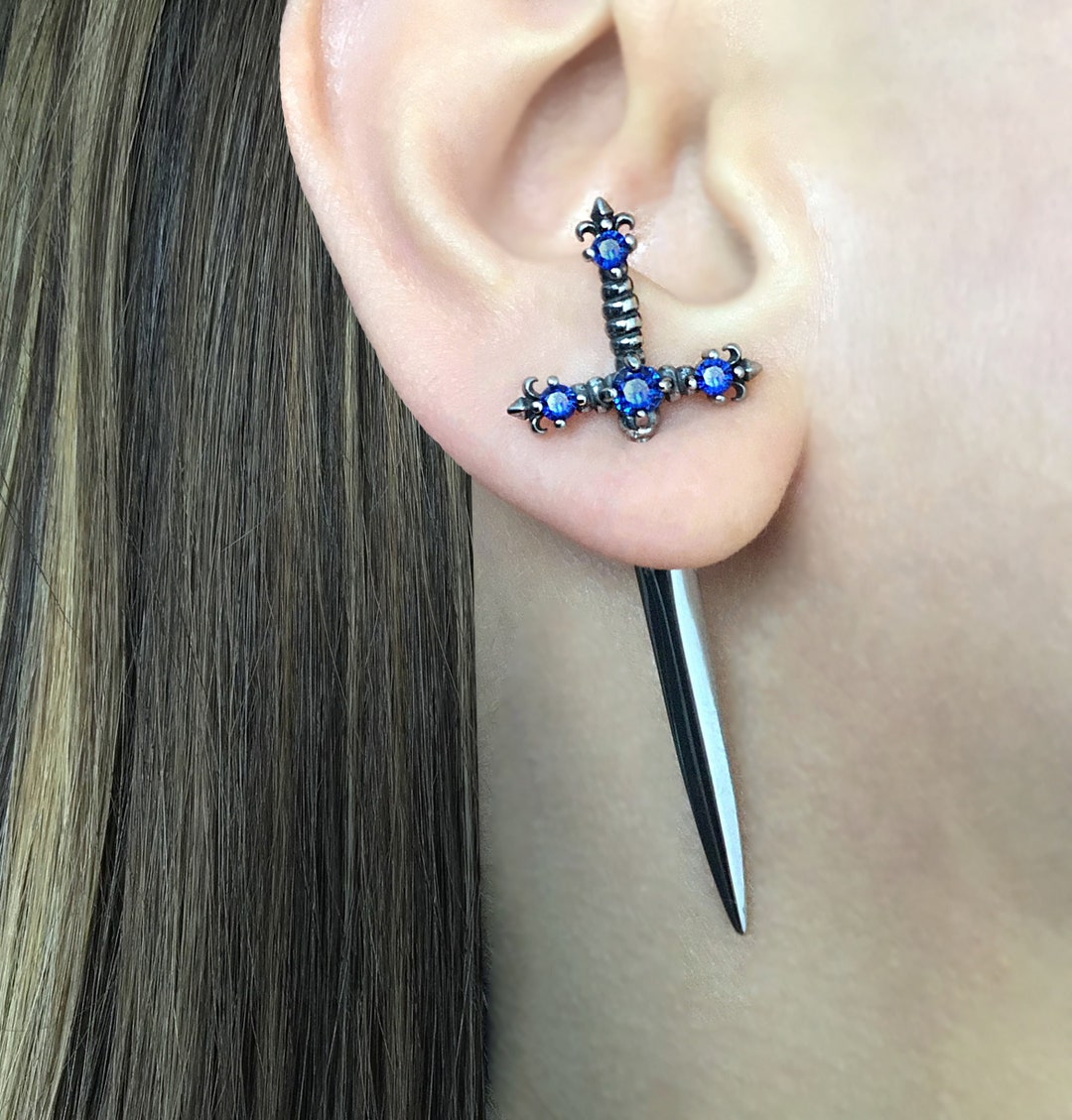 Fleur De Lis Sword Earrings, Dagger Earrings,sapphire Sword Earring ...