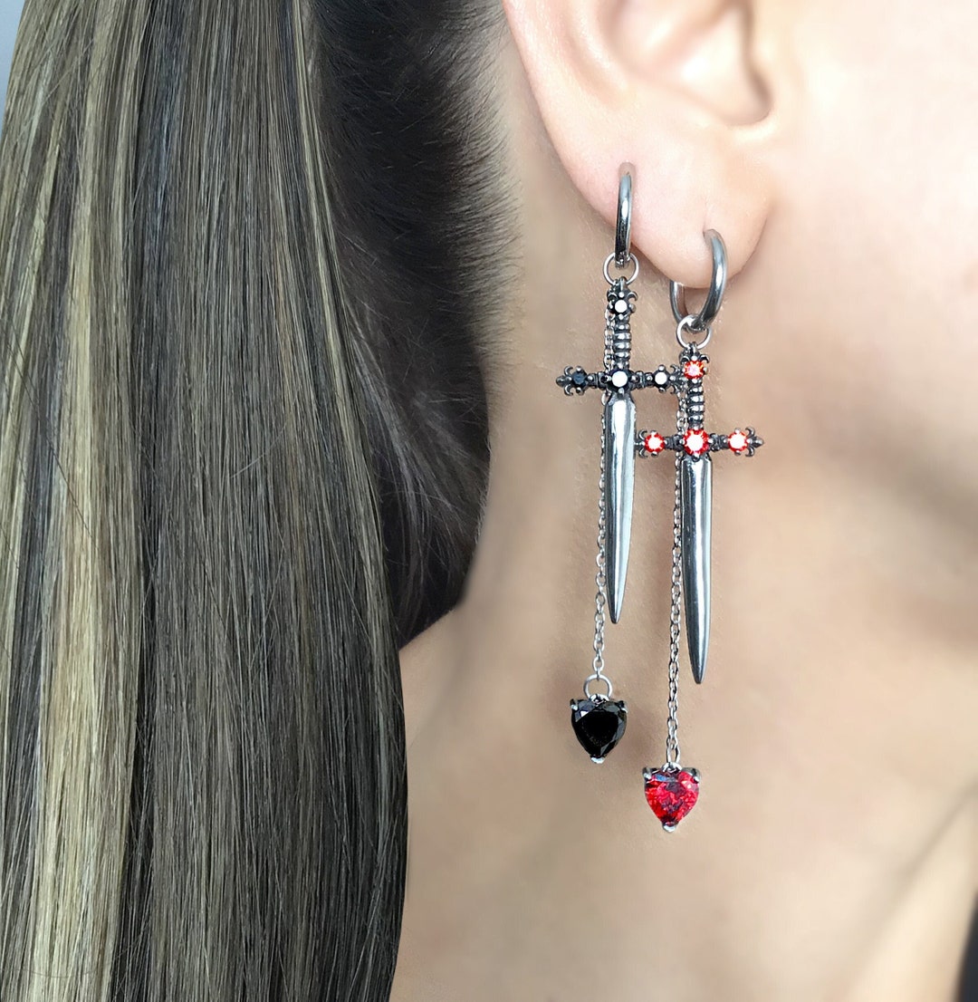 Sword Hoops ,dagger Hoop Earrings,sword With Heart Earrings, Hoop ...