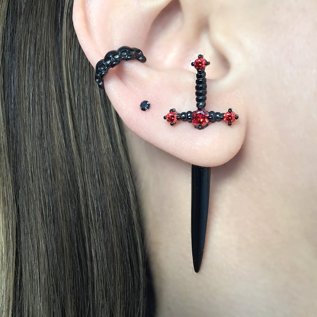 Black Sword Earrings With Emeralds, Dagger Earrings, Front Back ...