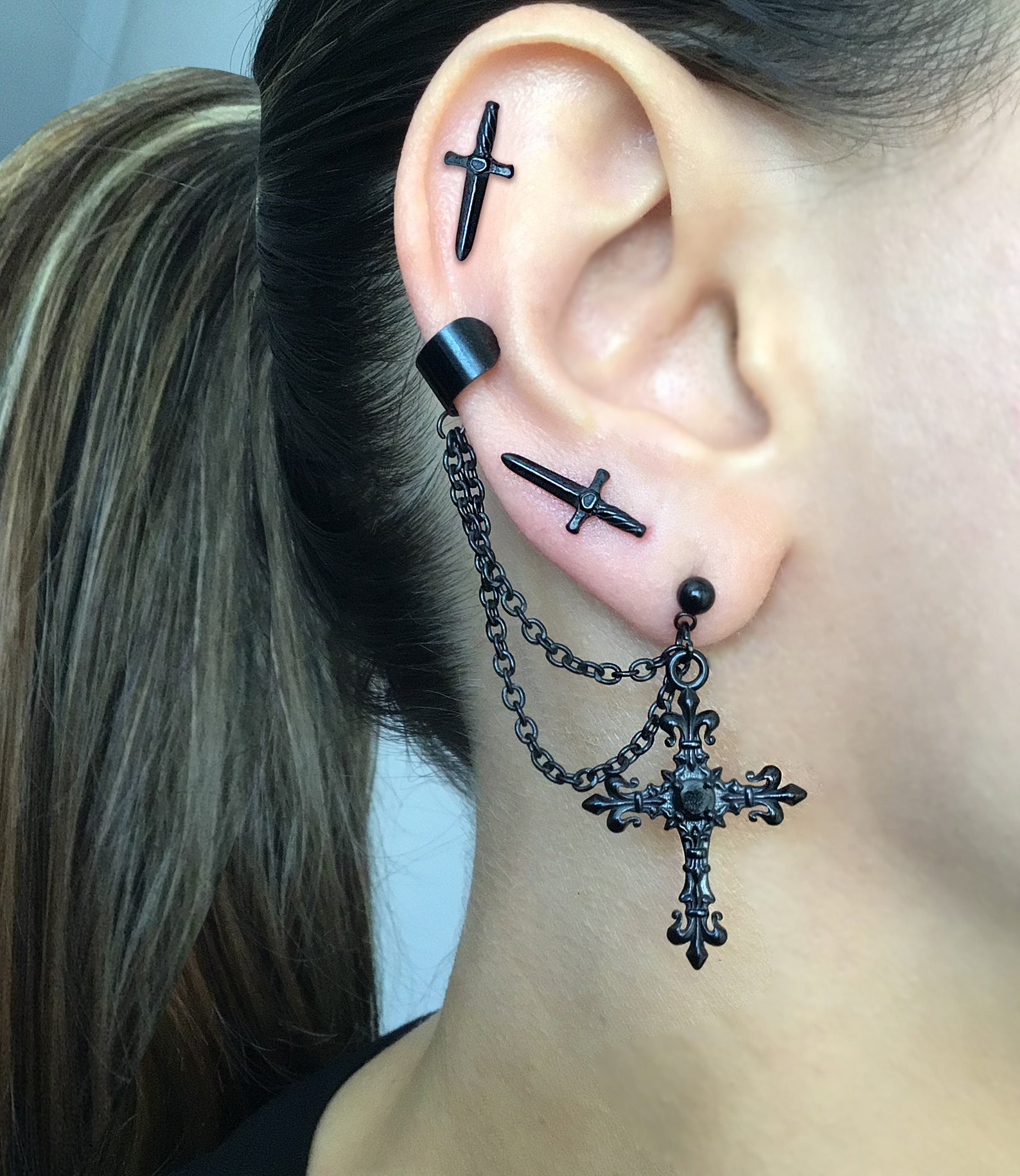 Cross Earrings With Ear Cuff cross Earrings Black Earrings - Etsy