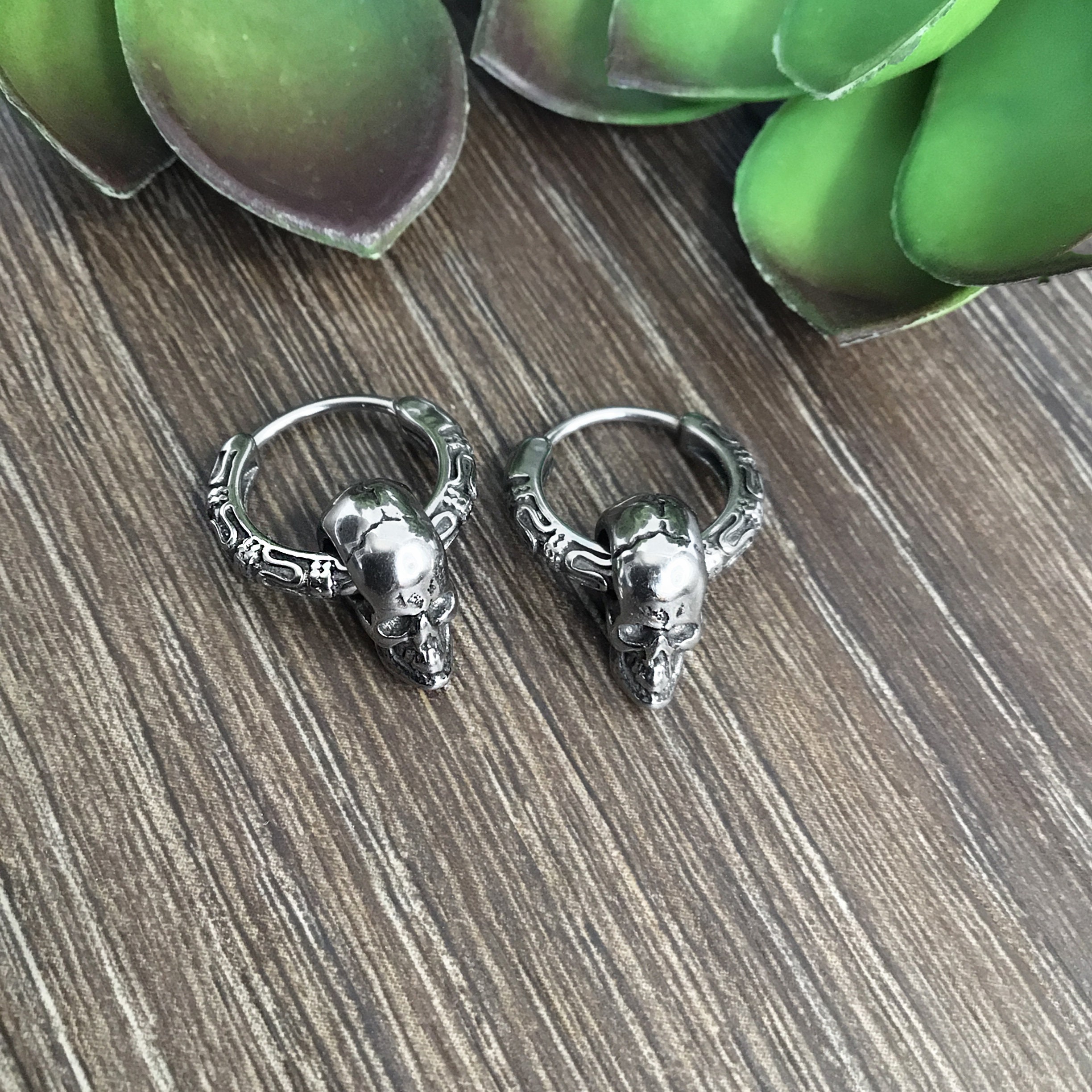 Oxidized Skull Hoop Earrings, Hoop Earrings, Huggie Earrings, Huggie ...