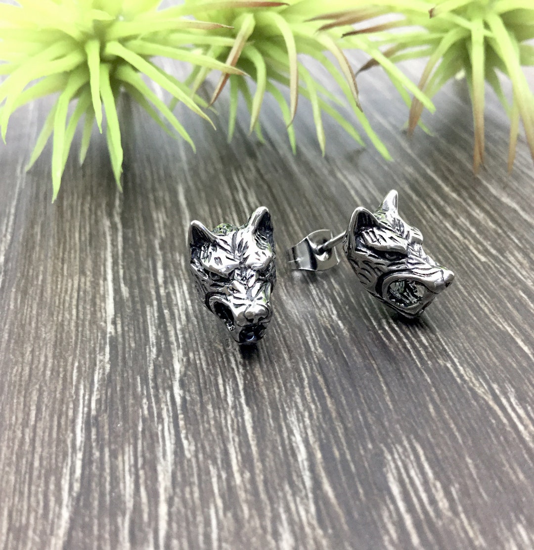 Wolf Earrings, Wolf Studs, Wolf Jewelry, Stainless Steel Earrings ...