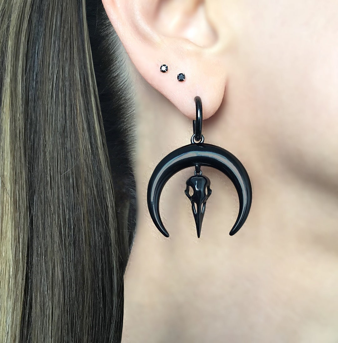 Moon and Raven Skull Hoop Earrings, Gothic Stainless Steel Jewelry - Etsy