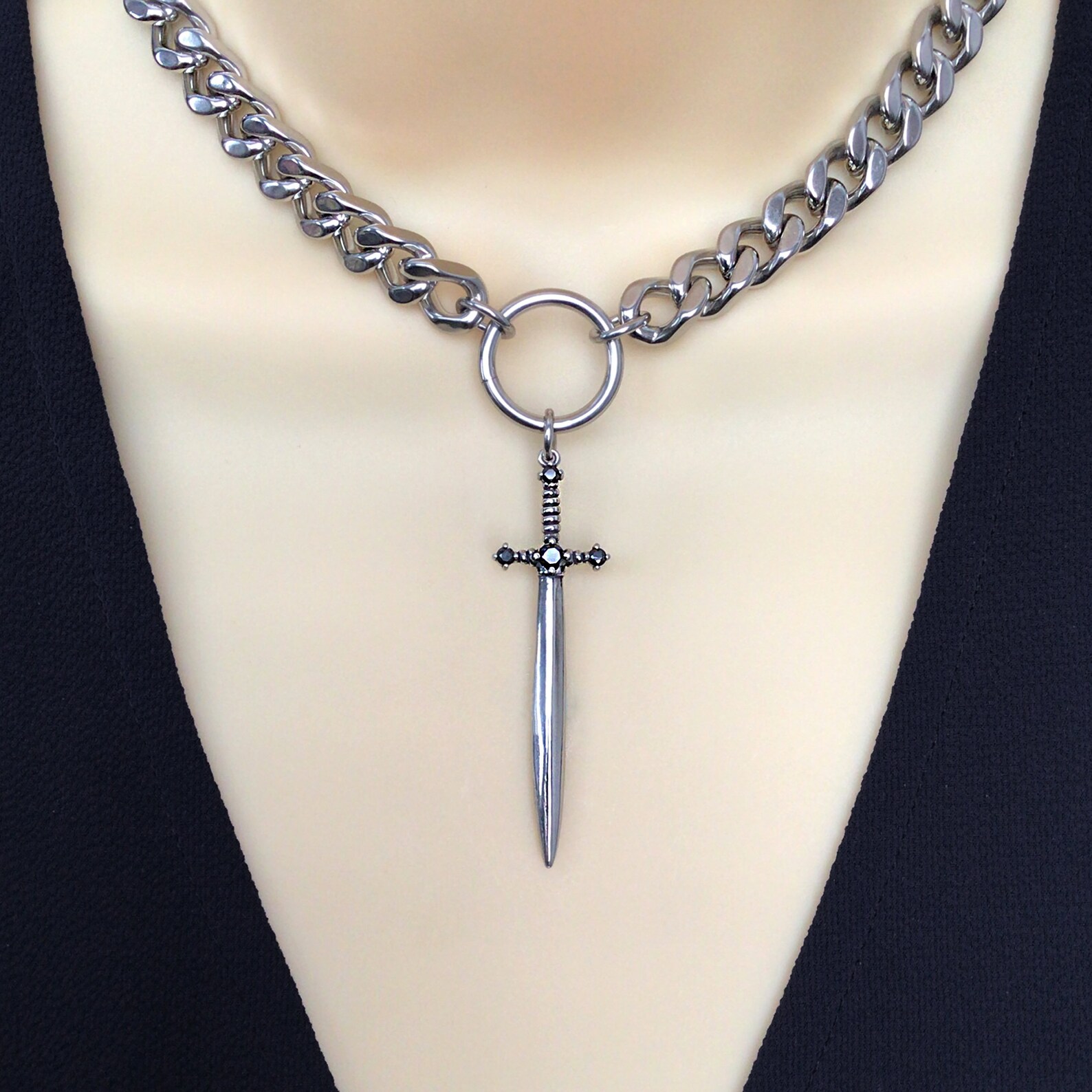 Sword Necklace, Dagger Pendant With Black Cubic Zirconia, Stainless ...