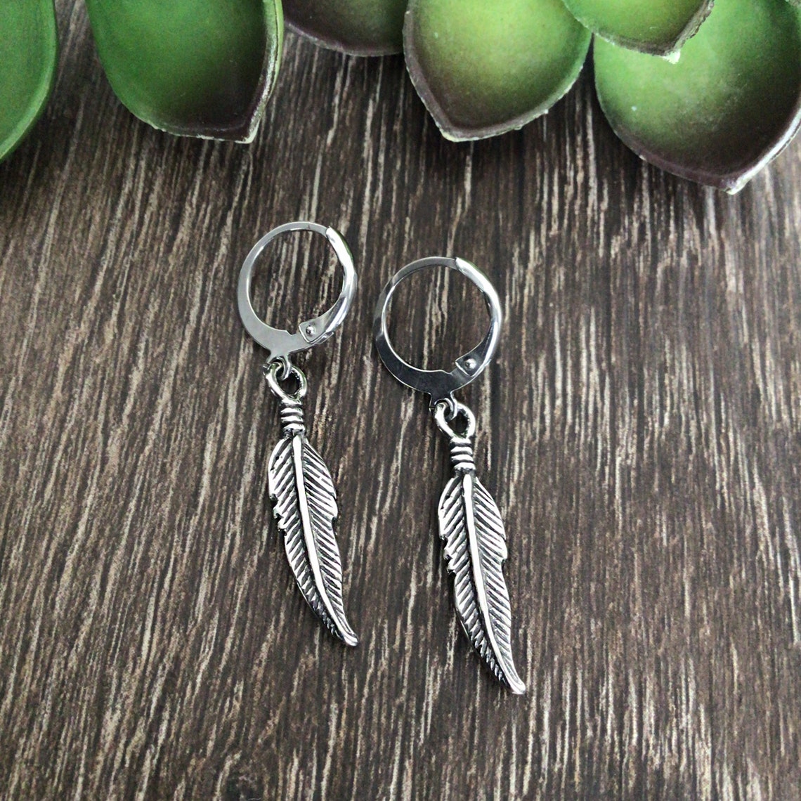 Feather Hoop Earrings, Gothic Jewelry, Black Hoops, Stainless Steel ...