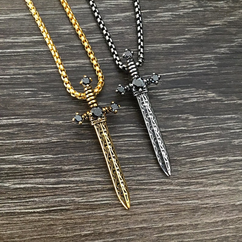 Sword Pendant Necklace With Black CZ and Ornate Blade, Unisex Jewelry ...