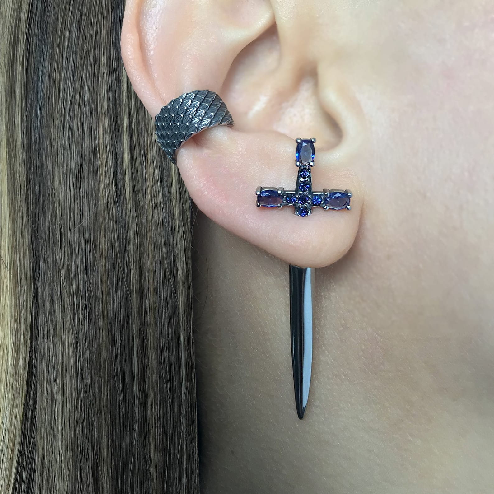 Sword Earrings Sapphire Sword Dagger Earrings Front Back - Etsy