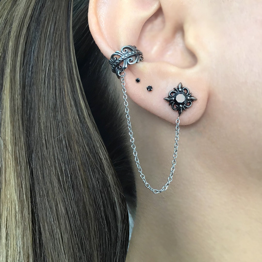 Stud Earring With Ear Cuff, Gothic Ear Cuff, Gothic Earring,black ...