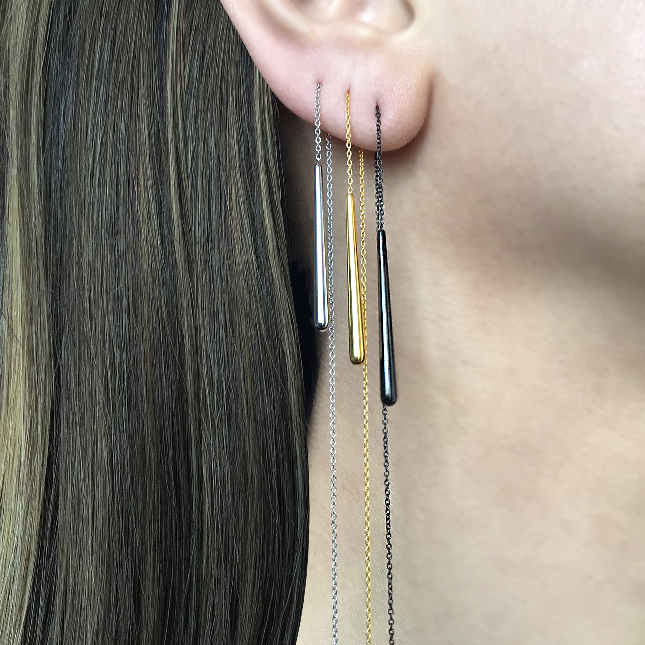 Threader Earrings, Chain Earrings, Black Threader Earrings, Long Chain ...