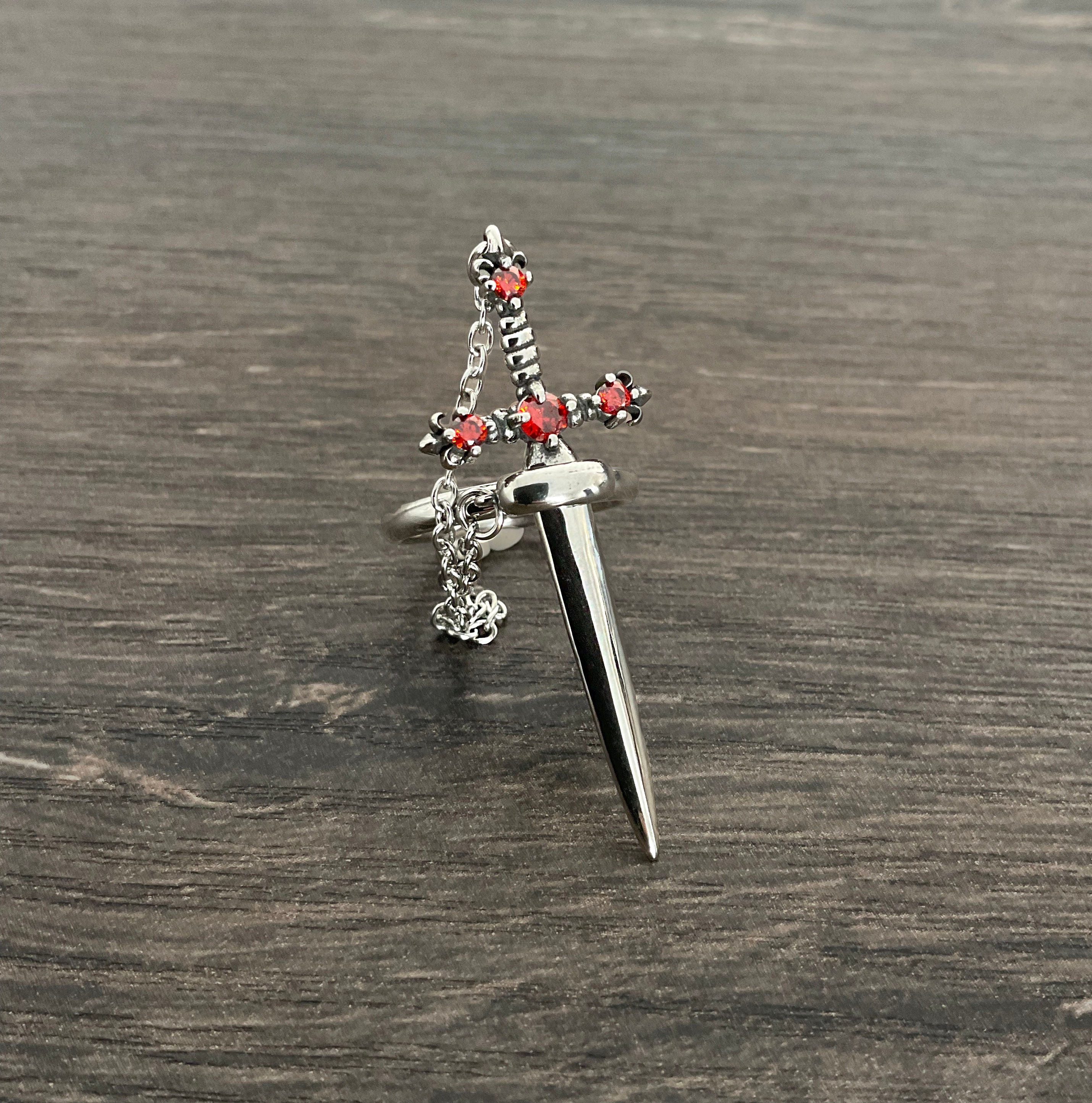 Ruby CZ Sword Ring, Gothic Stainless Steel Dagger Ring - Etsy