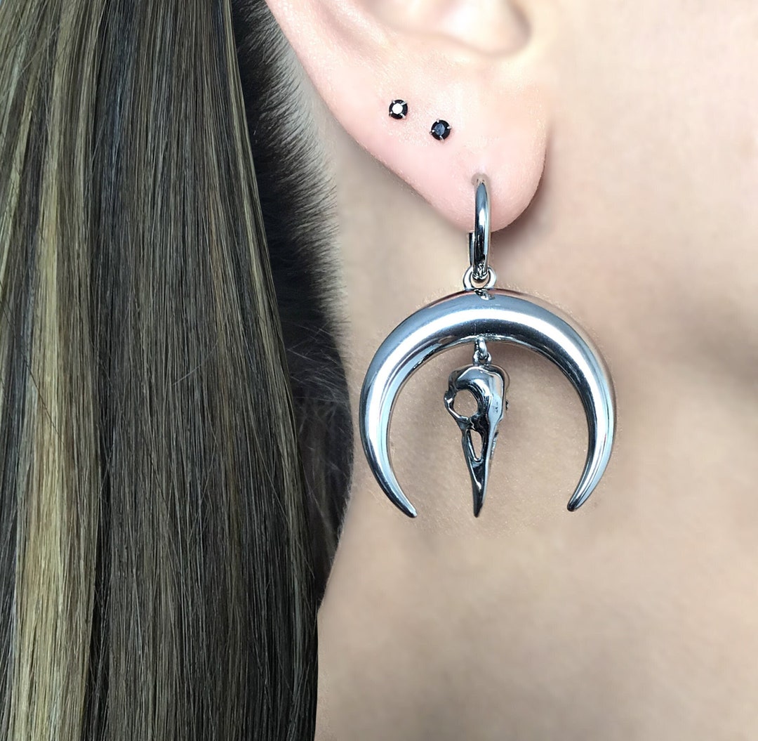 Moon and Raven Skull Earrings ,raven Skull Earrings, Moon Earrings ...