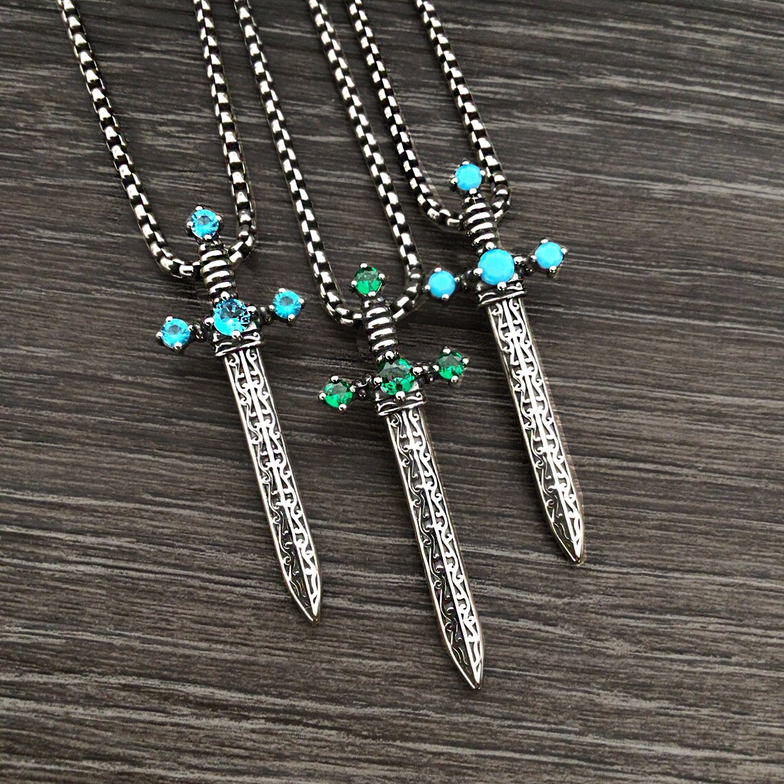 Sword Pendant With CZ Stones, Dagger Necklace, Ornate Blade, Unisex ...