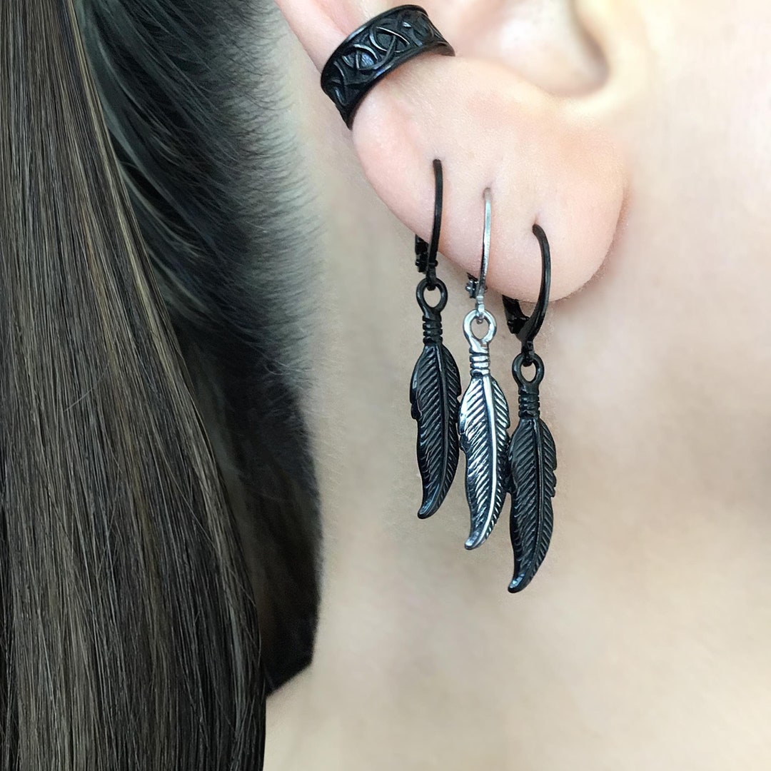 Feather Hoop Earrings, Gothic Jewelry, Black Hoops, Stainless Steel ...