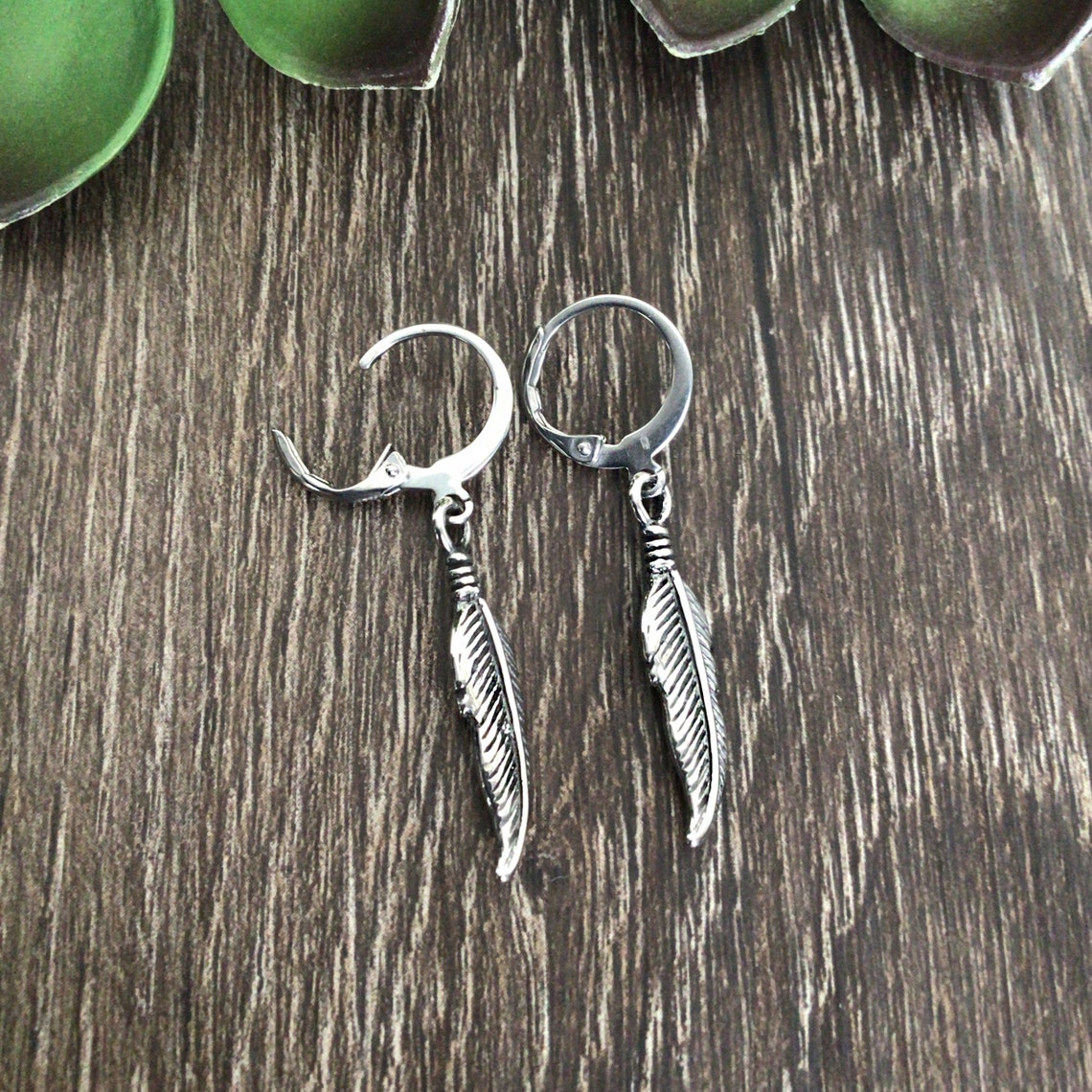 Feather Hoop Earrings, Gothic Jewelry, Black Hoops, Stainless Steel ...