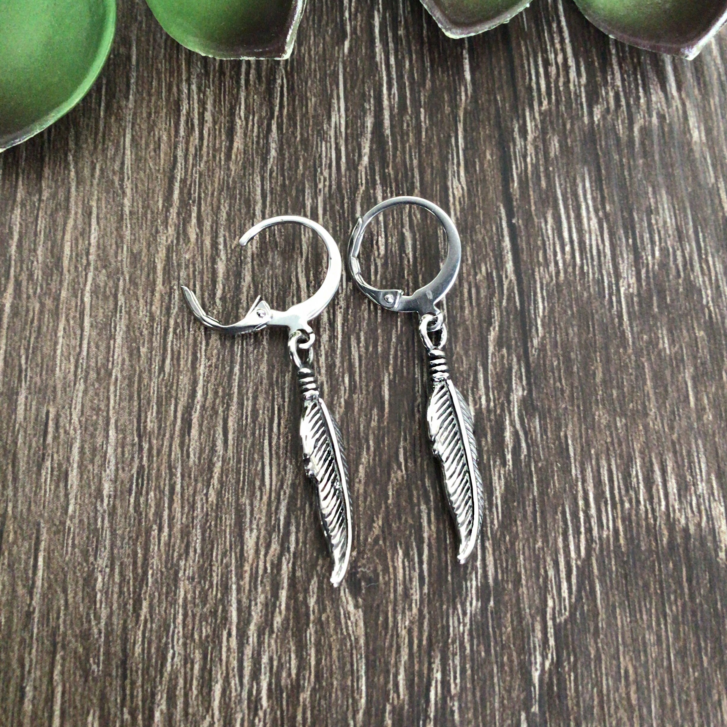 Feather Hoop Earrings, Gothic Jewelry, Black Hoops, Stainless Steel ...