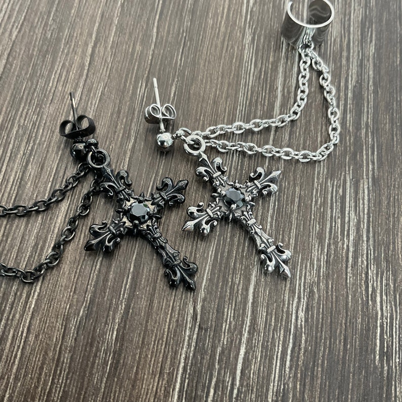 Cross Earrings With Ear Cuff cross Earrings Black Earrings - Etsy