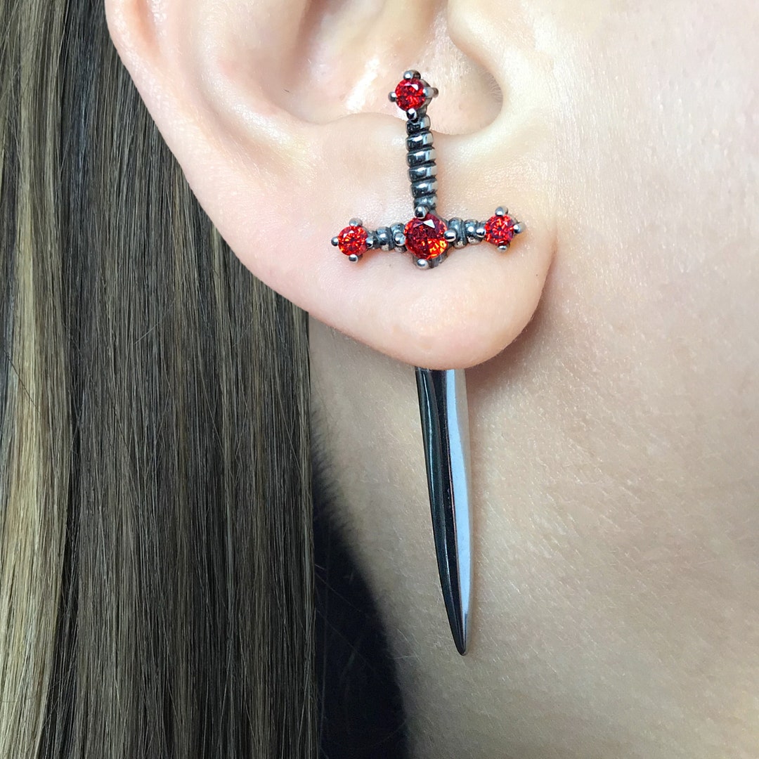 Ruby Red Sword Earrings, Dagger Earrings, Front Back Earrings, Gothic ...