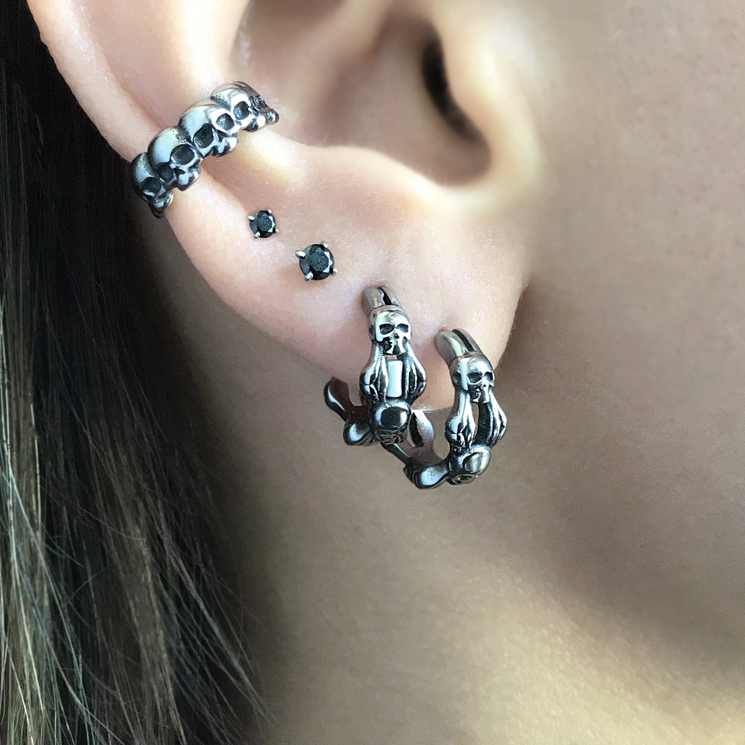 Oxidized Skull Hoop Earrings, Hoop Earrings, Huggie Earrings, Huggie ...