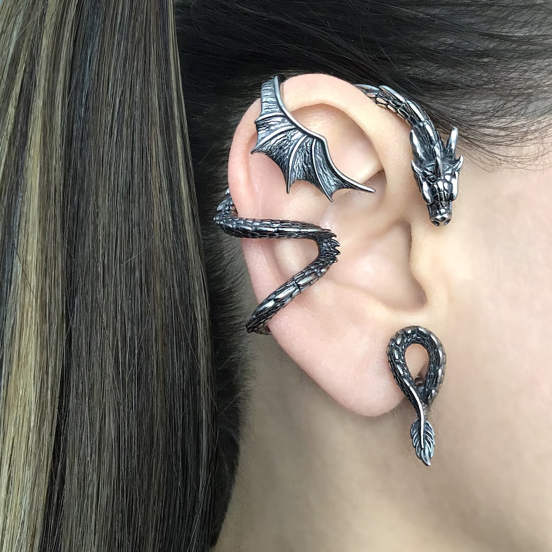 NO PIERCING Dragon Cuff With Large Wing, Dragon Earrings, Dragon Ear ...