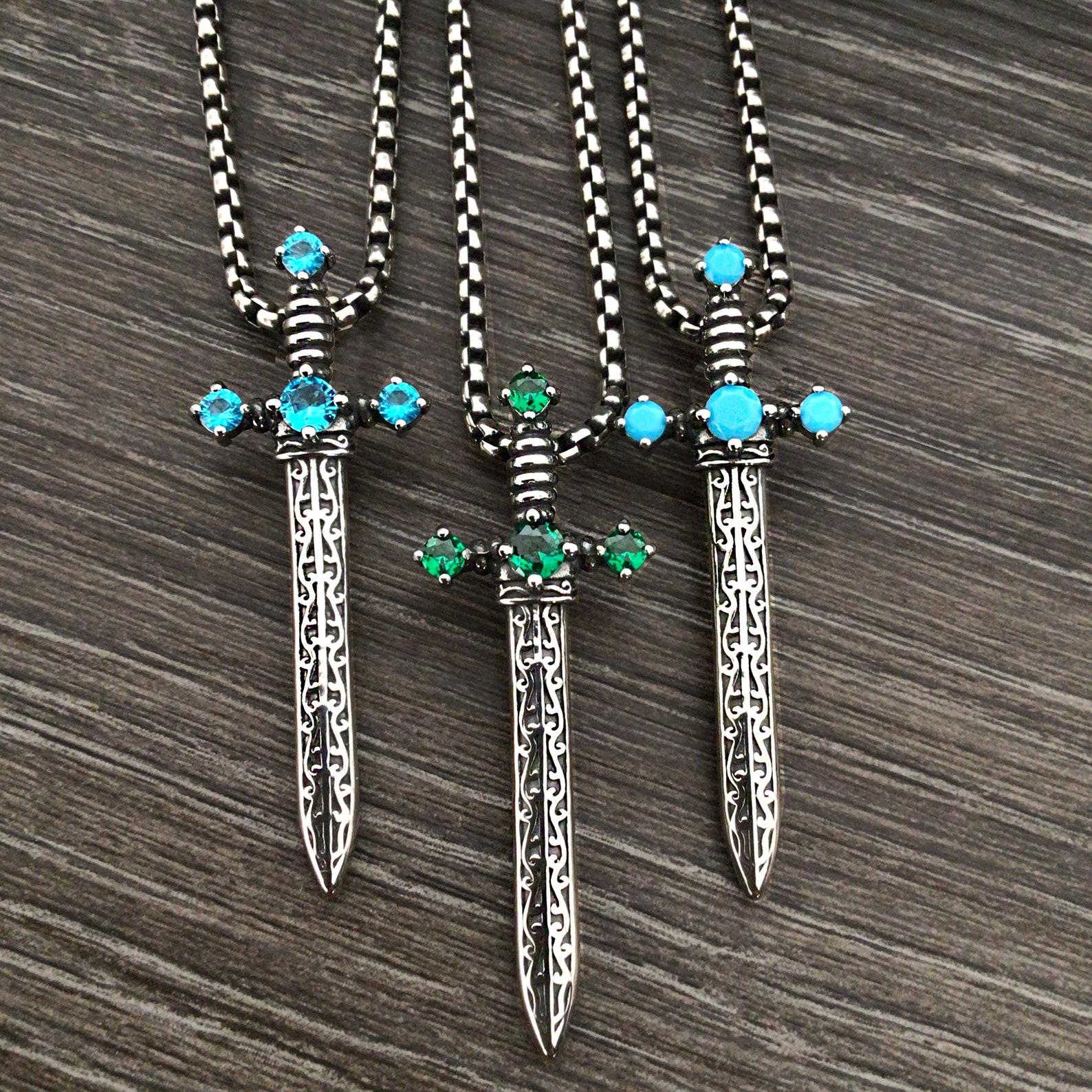 Sword Pendant With CZ Stones, Dagger Necklace, Ornate Blade, Unisex ...