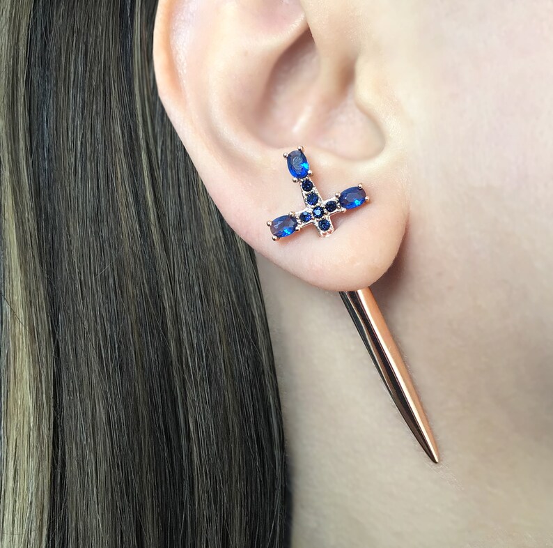 Sword Earrings Sapphire Sword Dagger Earrings Front Back - Etsy