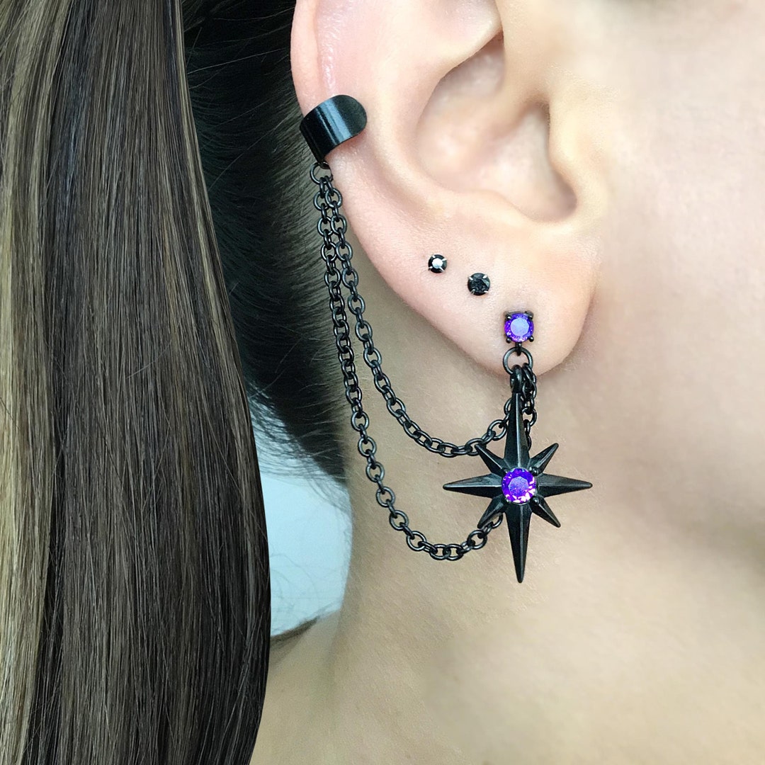 Starburst Earrings With Ear Cuff ,starburst Earrings, Black Earrings ...