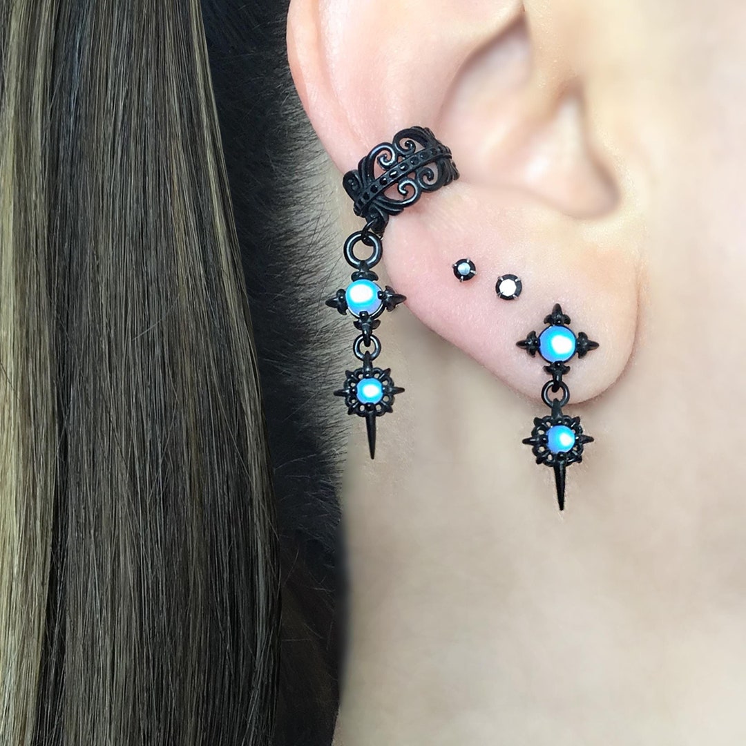 Starburst Ear Cuff With Blue Glass, Gothic Stainless Steel Single ...