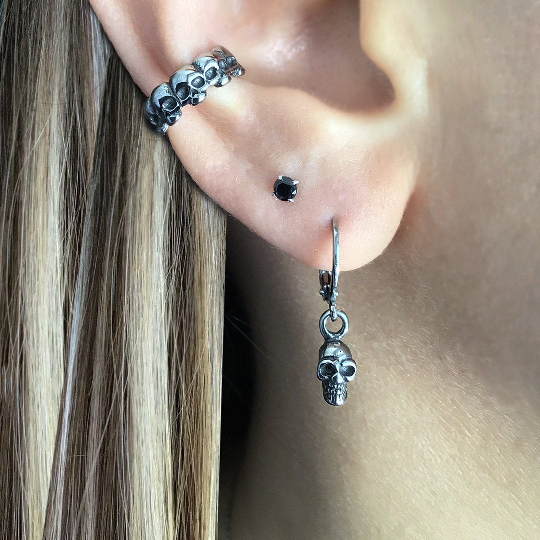 Oxidized Skull Hoop Earrings, Hoop Earrings, Huggie Earrings, Huggie ...
