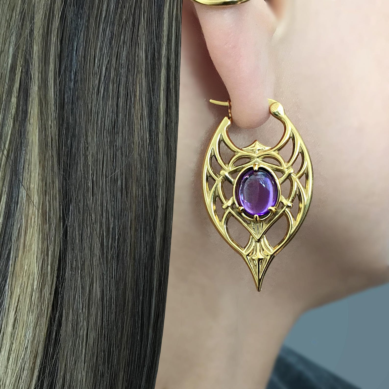 Gothic Ornate Hoop Earrings With Oval Gemstone, Goth Cathedral Inspired ...