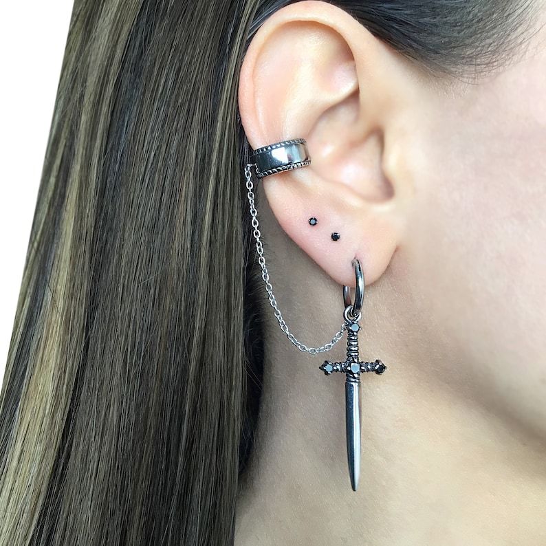 Sword Earring With Ear Cuff , Dagger Earring, Sword Hoop Earring, Hoop ...