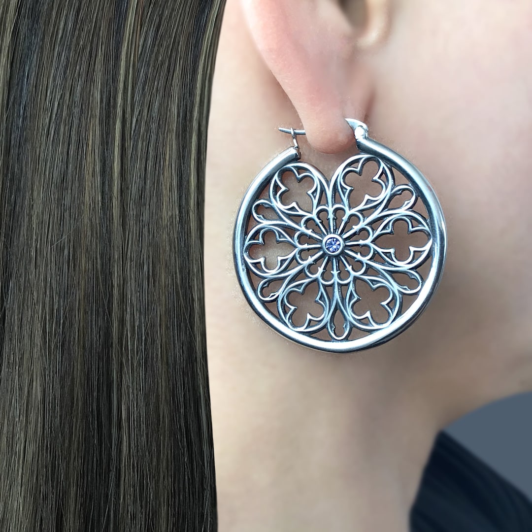 Gothic Hoop Earrings With Lilac CZ, Hoop Earrings, Large Hoop Earrings ...