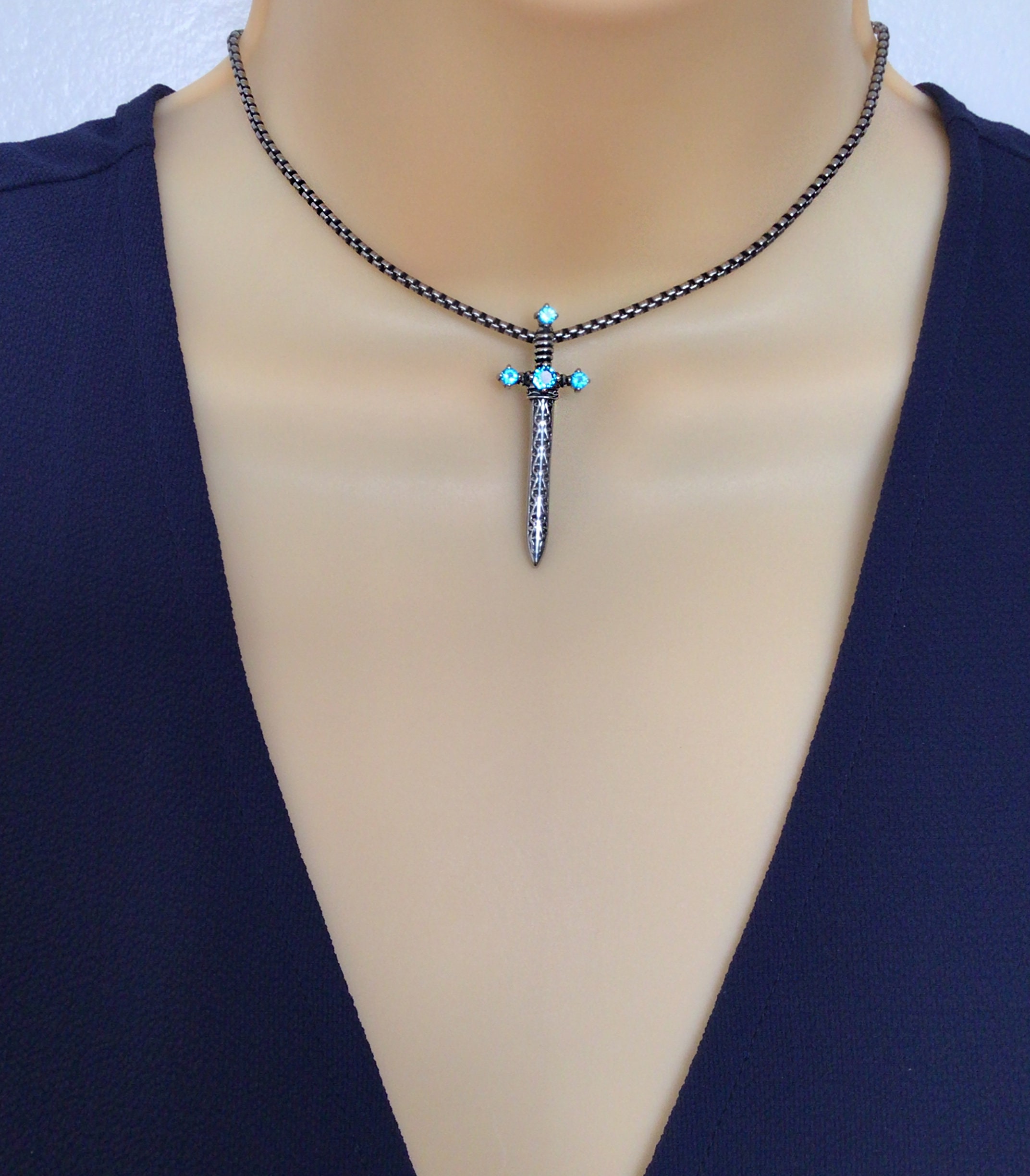 Sword Pendant With CZ Stones, Dagger Necklace, Ornate Blade, Unisex ...
