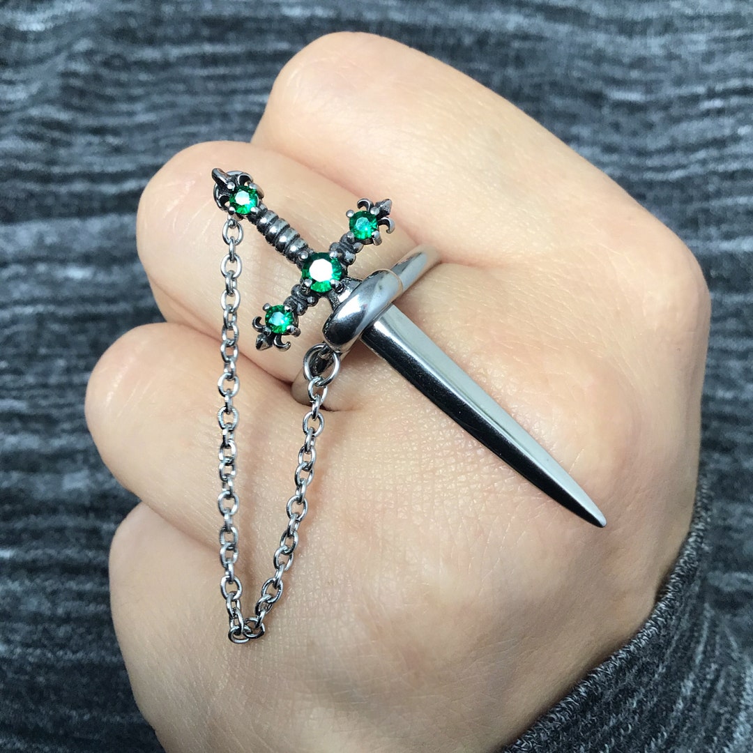 Emerald CZ Stainless Steel Sword Ring, Gothic Dagger Jewelry - Etsy